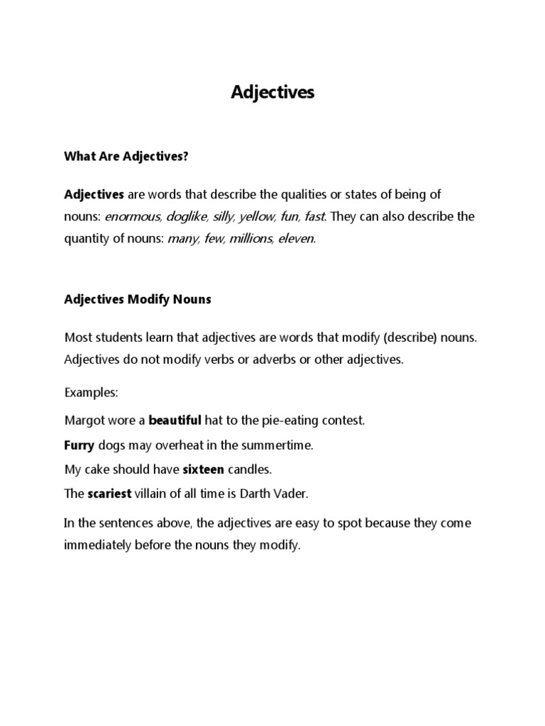 Adjectives: Enormous, Doglike, Silly, Yellow, Fun, Fast Many, Few ...