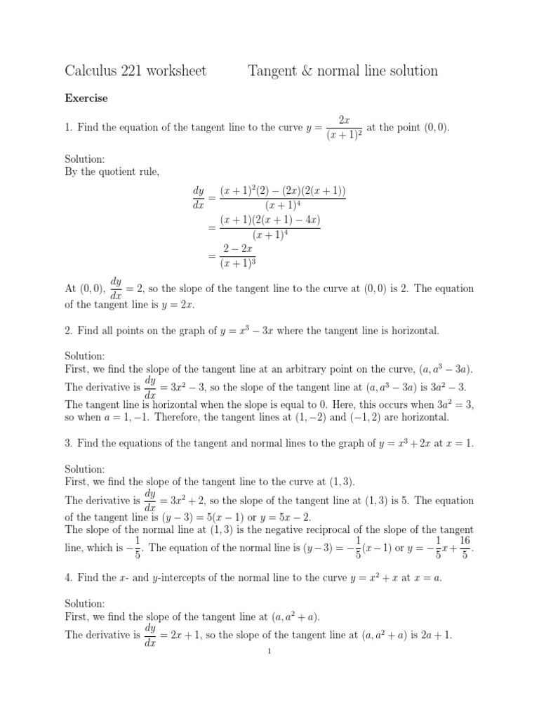Calculus 221 Worksheet Tangent & Normal Line Solution | PDF | Tangent ...