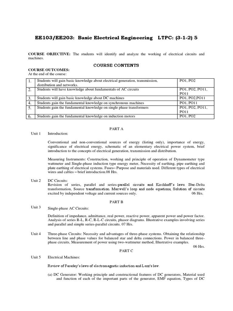 EE103/EE203: Basic Electrical Engineering LTPC: (3-1-2) 5 | PDF | Electric Motor | Electric ...