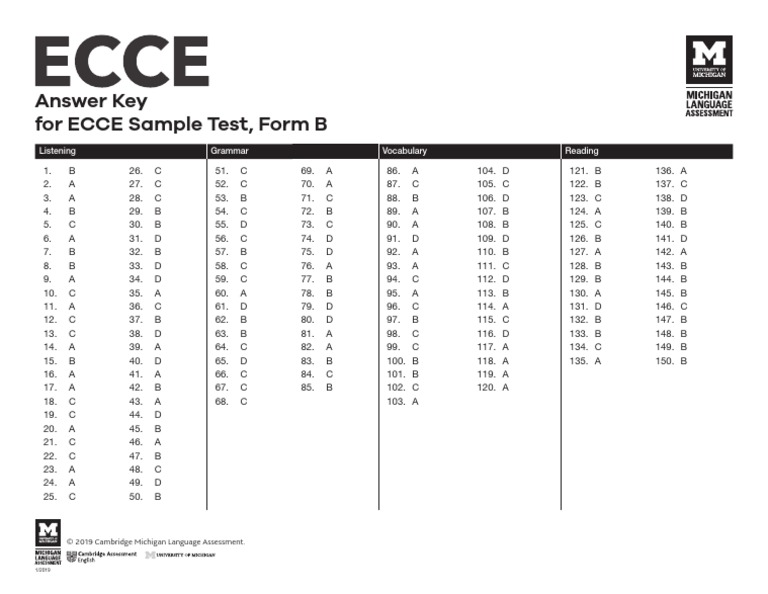 Answer Key For ECCE Sample Test, Form B: Listening Grammar Vocabulary ...
