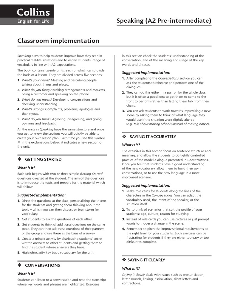 E4L Speaking A2 ClassroomImplementation | PDF | Vocabulary | Conversation
