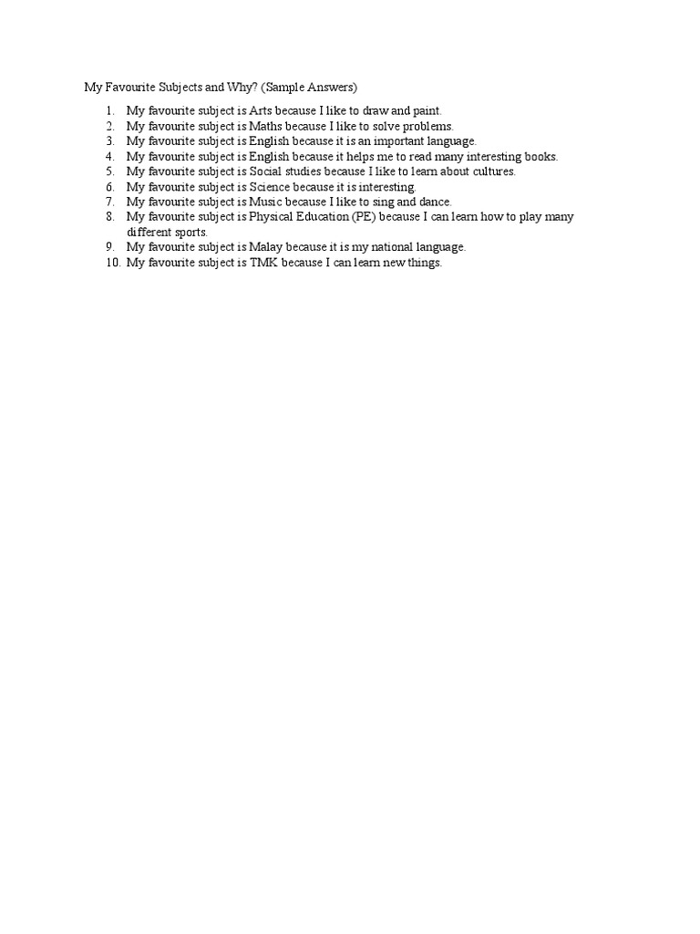 My Favourite Subjects Explained | PDF | Language Arts & Discipline ...