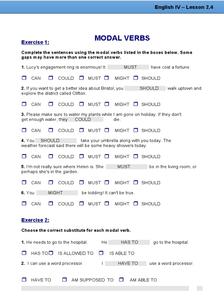 Modal Verbs: Exercise 1 | PDF | Morphology | Language Mechanics