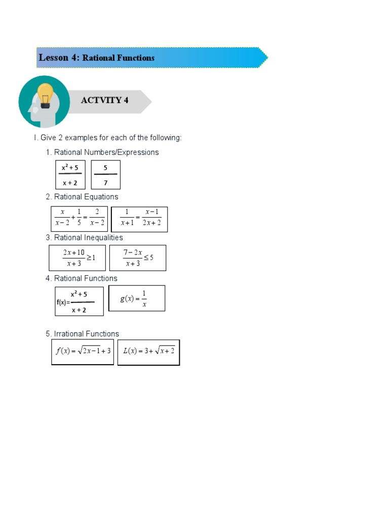 Activity 4 - Rational Functions | PDF | Zero Of A Function | Functions And Mappings