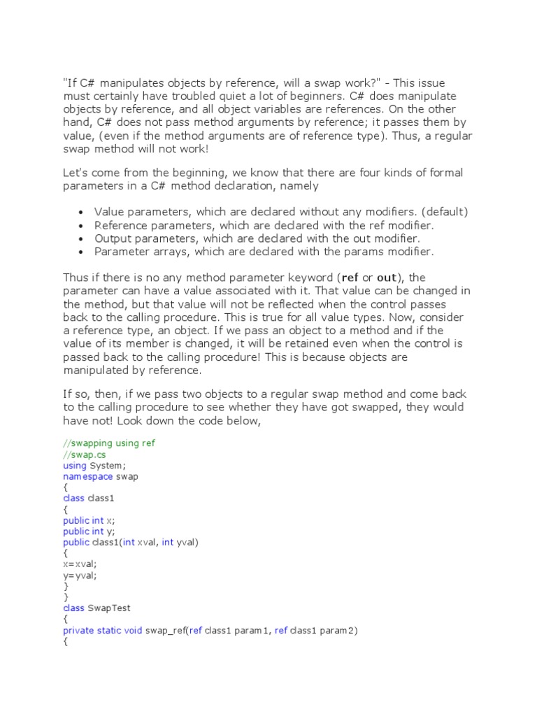 swapping Using Ref //swap - CS: Using Namespace Class Public Int Public Int Public Int Int | PDF ...