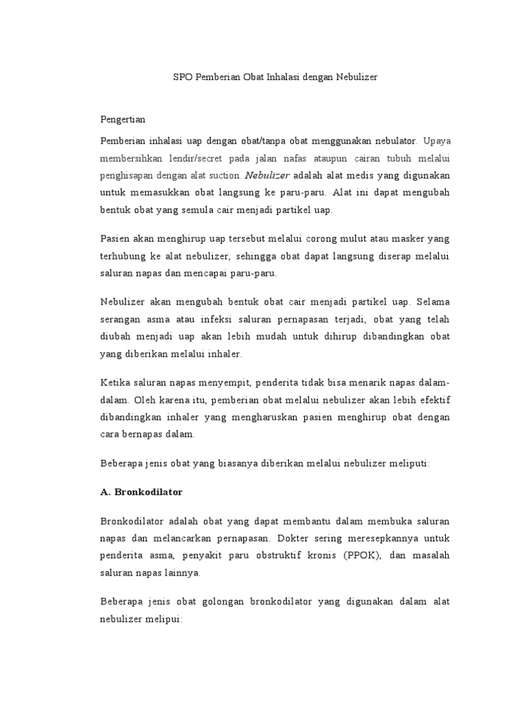 SPO Pemberian Obat Inhalasi Dengan Nebulizer | PDF | Kesehatan Holistik