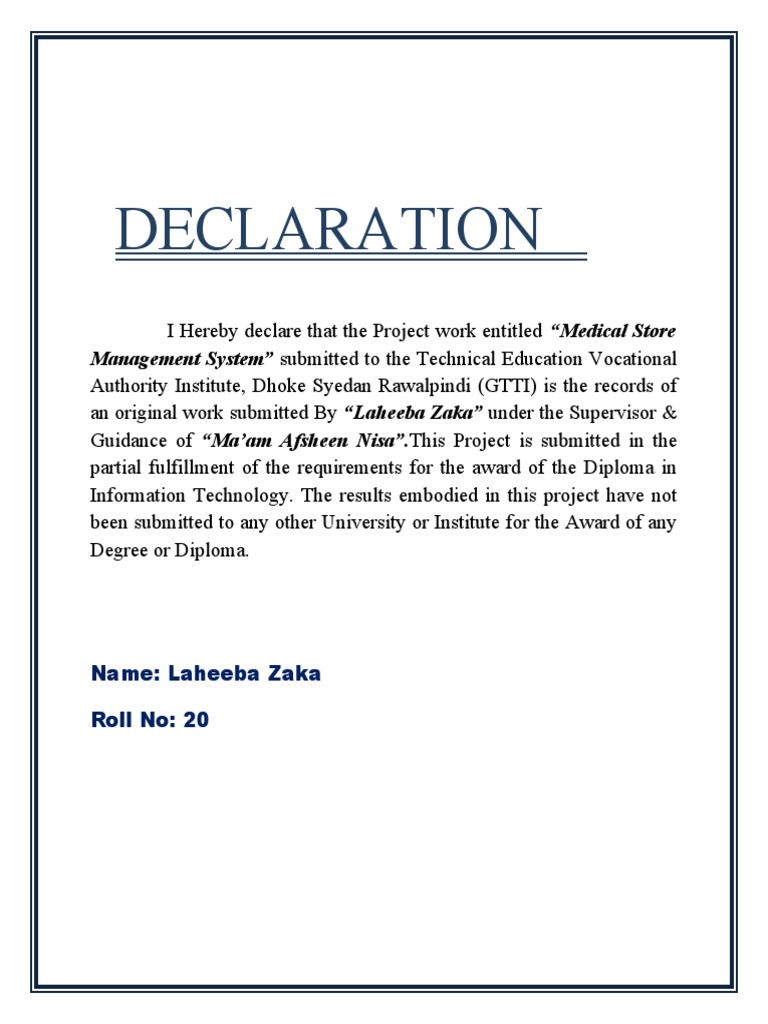 Declaration: Management System" Submitted To The Technical Education ...