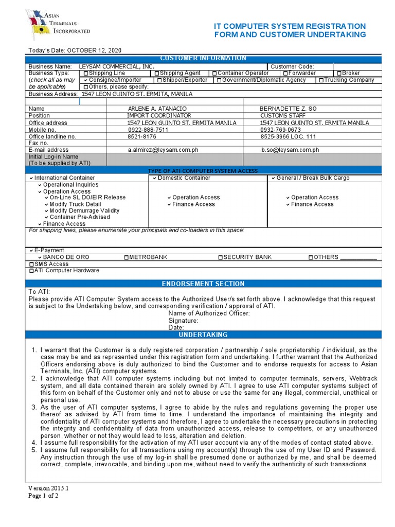 Customer Information: It Computer System Registration Form and Customer ...