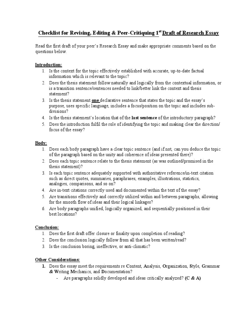 Checklist For Revising, Editing & Peer-Critiquing 1 Draft of Research ...