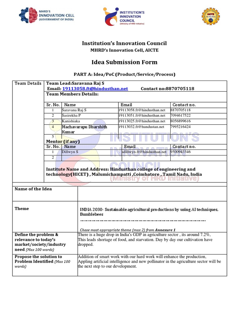 Idea Submission Form: Institution's Innovation Council | Download Free ...