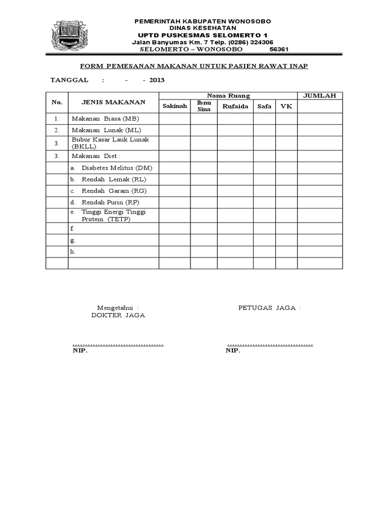 Form Pemesanan Makanan Pasien Rawat Inap | PDF