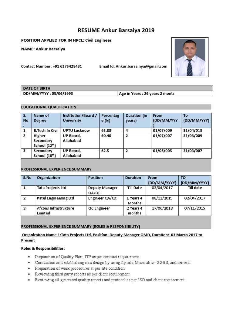 RESUME Ankur Barsaiya 2019: Position Applied For in HPCL: Civil ...