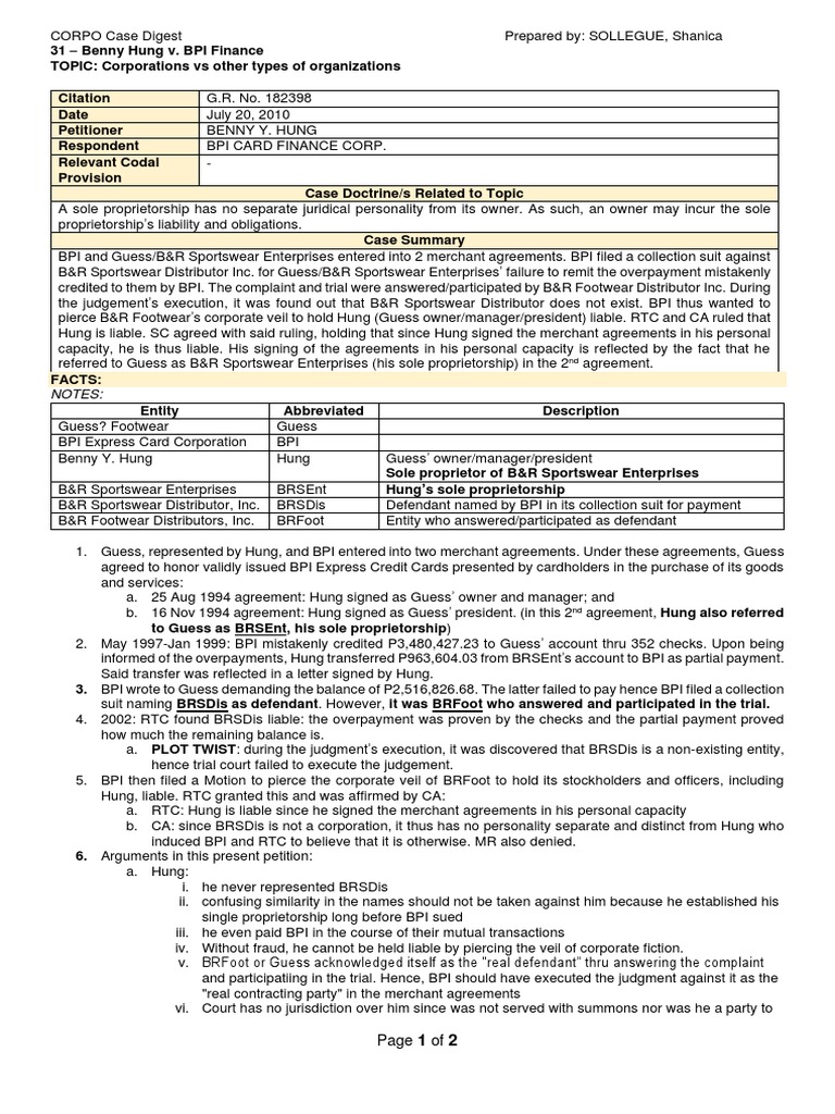 Benny Hung v. BPI Finance PDF | PDF | Sole Proprietorship | Lawsuit