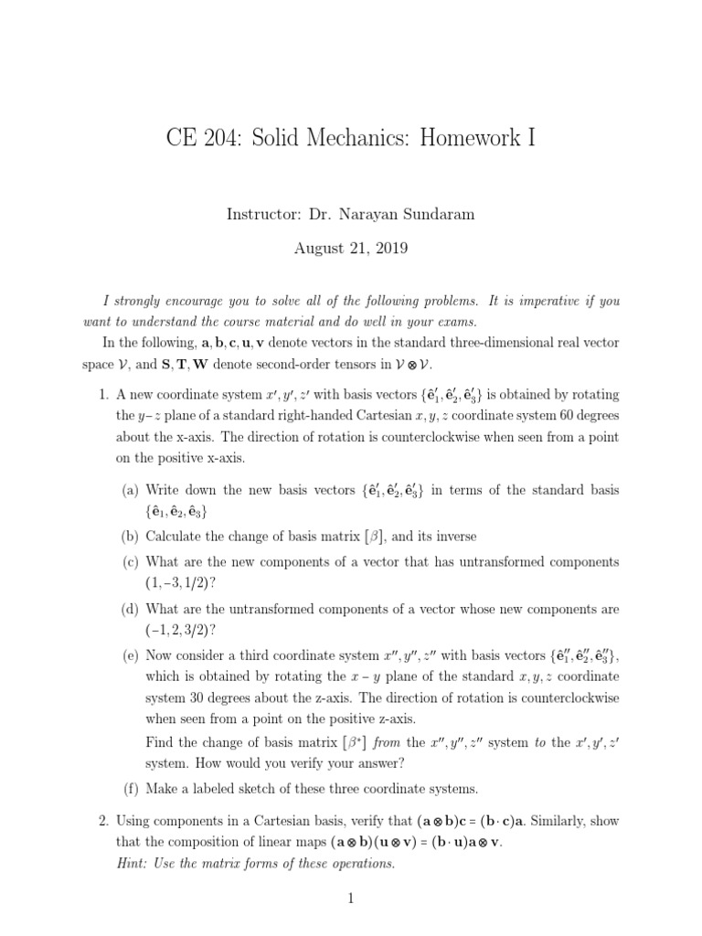 CE 204: Solid Mechanics: Homework I: Instructor: Dr. Narayan Sundaram August 21, 2019 | PDF ...