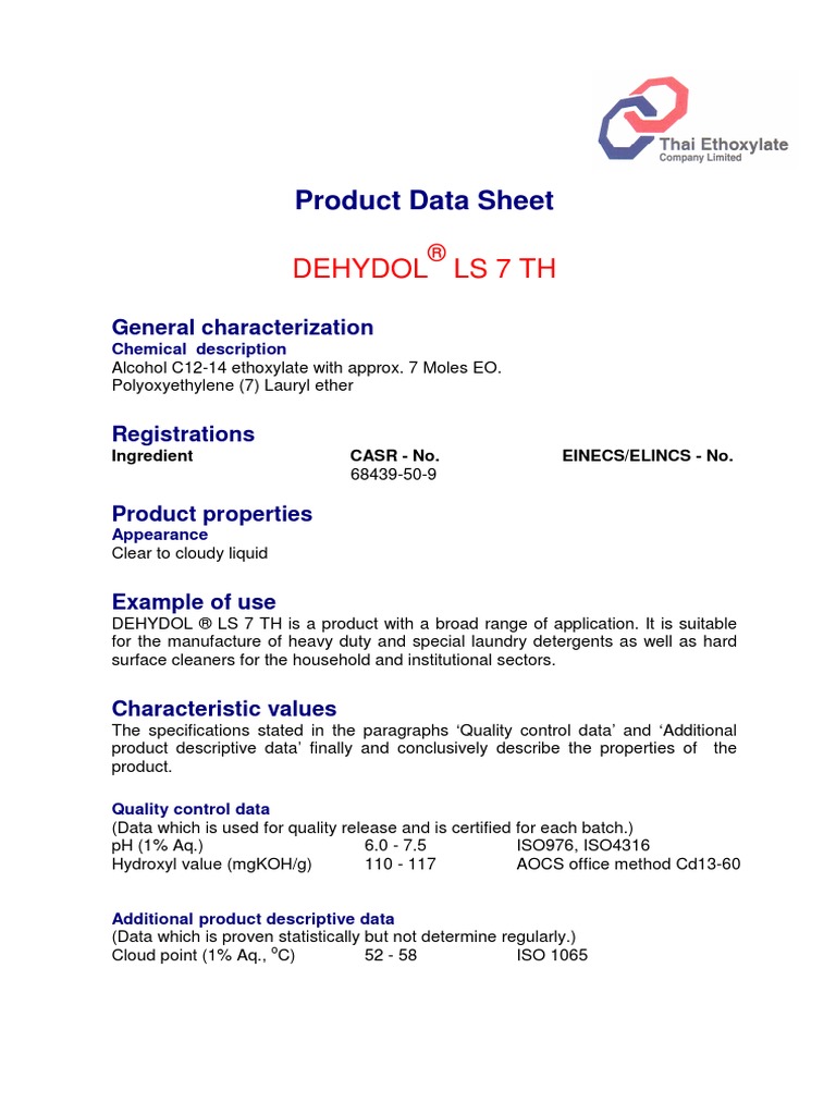 Product Data Sheet: Dehydol Ls 7 TH | PDF | Specification (Technical ...