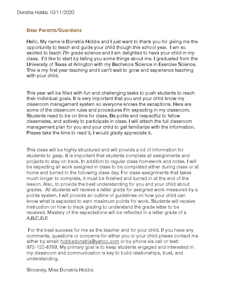 Intro Letter For Parents | PDF | Classroom Management | Classroom