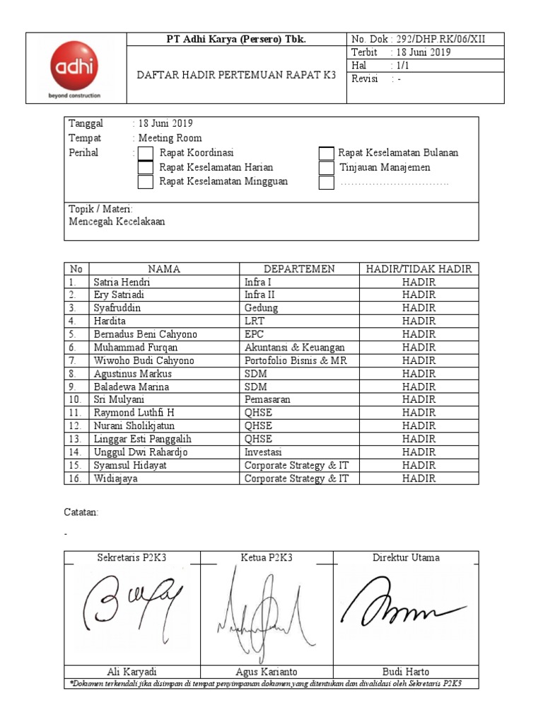 Daftar Hadir Rapat K3 | PDF