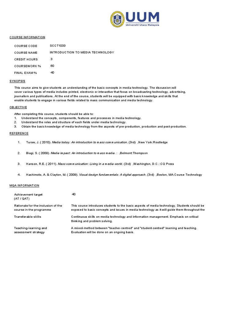 Syllabus SCCT1033 Intro Media Tech | PDF | Broadcasting | Mass Media