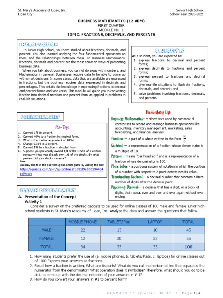 Business Math Q1 - M1 Done PDF | PDF | Decimal | Fraction (Mathematics)