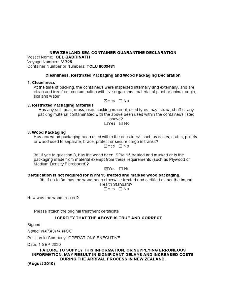 New Zealand Sea Container Quarantine Form | PDF | Home & Garden
