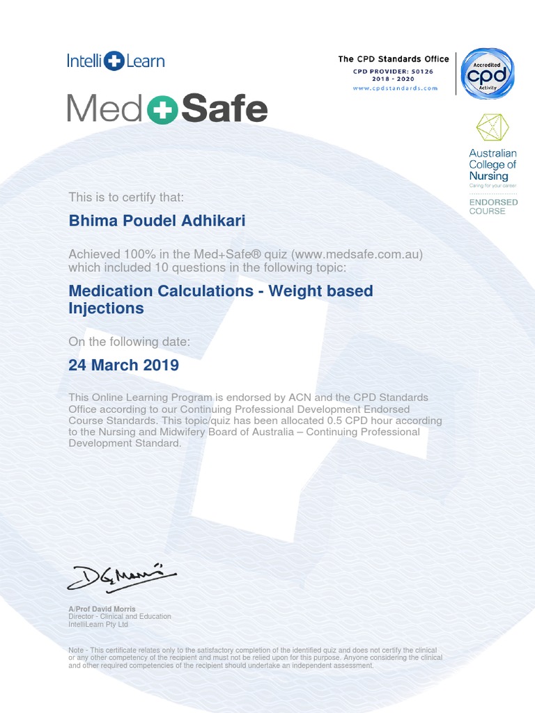 Medication Calculations Weight Based Injections Certificate | PDF