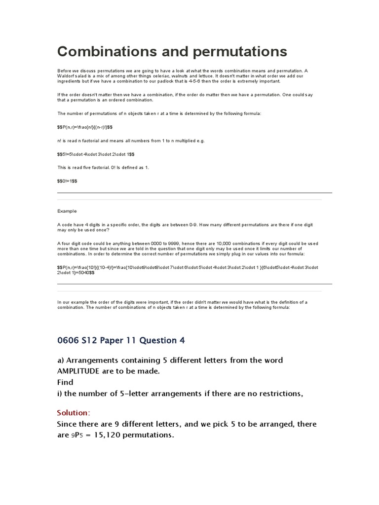 Combinations And Permutations Pdf Permutation Discrete Mathematics