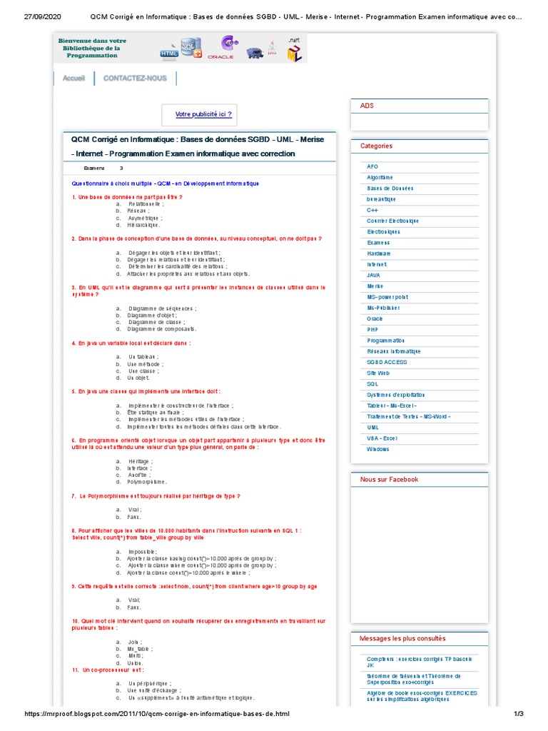 QCM Corrigé en Informatique: Bases de Données SGBD - UML - Merise ...