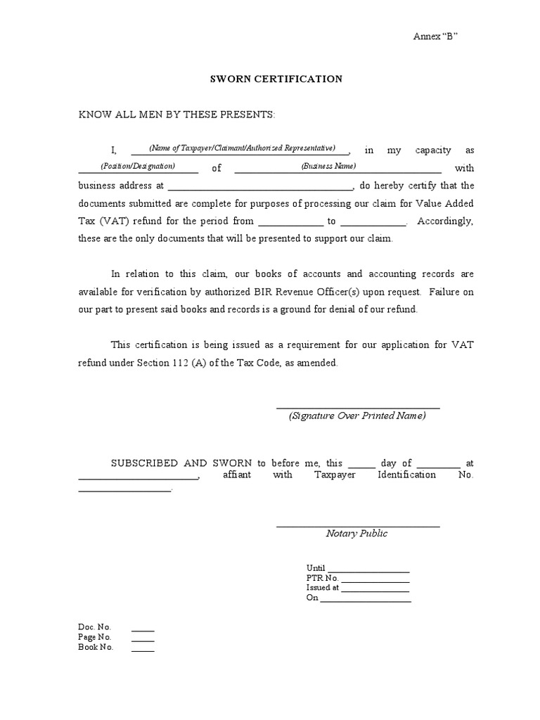 VAT Refund Claim Certification | PDF | Business | Finance & Money ...