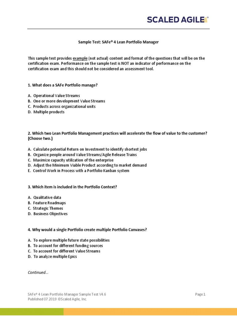 Continued : Safe® 4 Lean Portfolio Manager Sample Test V4.6 Published ...
