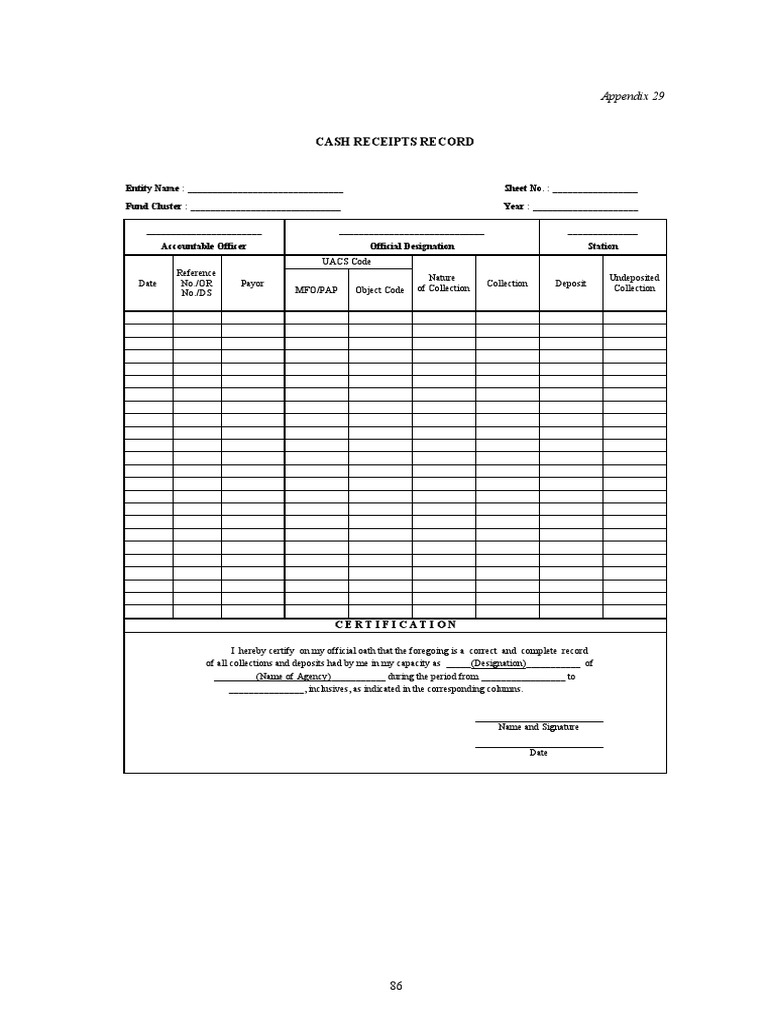 Cash Receipts Record Template | PDF
