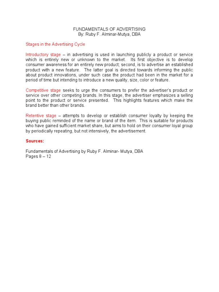 Stages in The Advertising Cycle Introductory Stage: Sources | PDF
