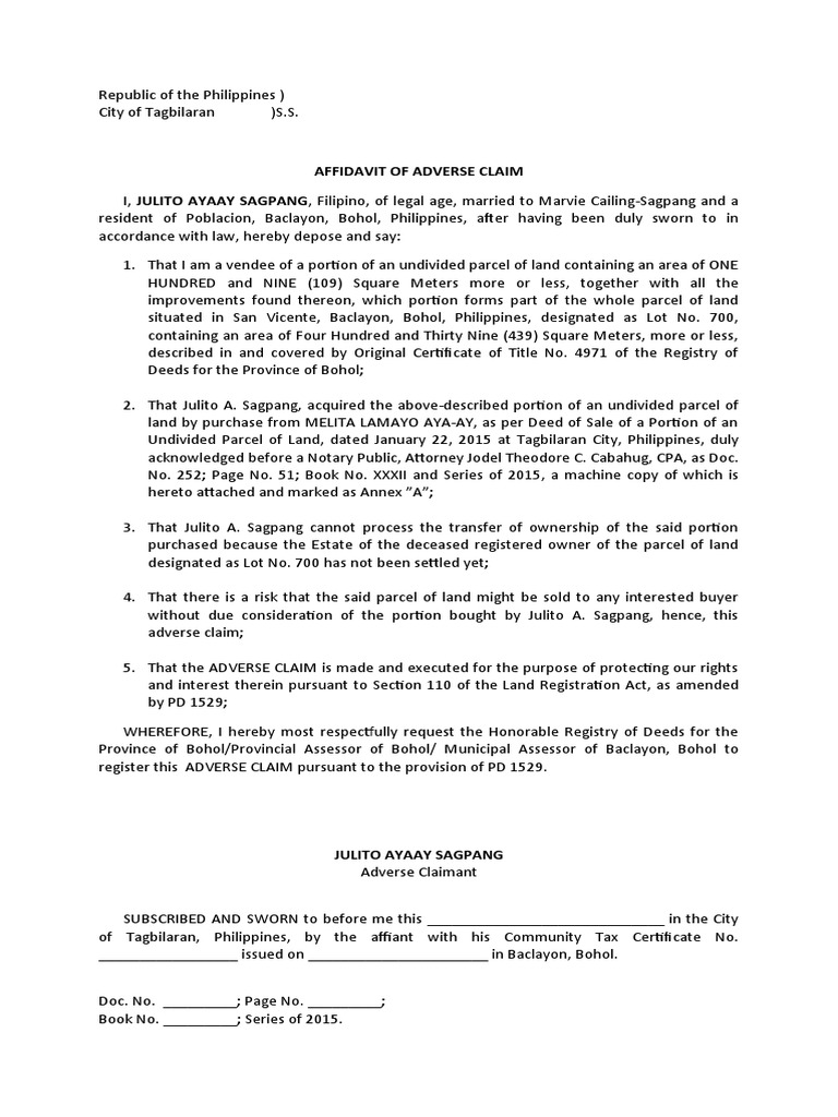 Affidavit of Adverse Claim | PDF | Property Law | Common Law