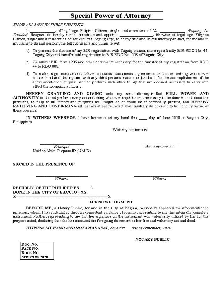 SPA BIR - Payment | PDF | Power Of Attorney | Notary Public