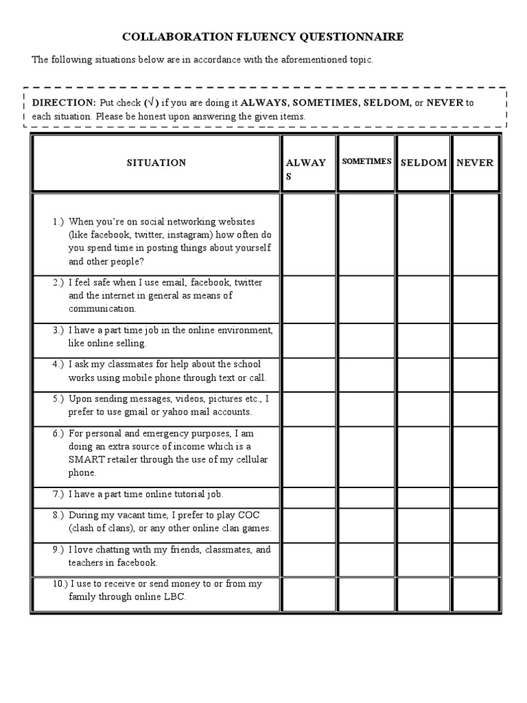 Collaboration Fluency Questionnaire: DIRECTION: Put Check ( ) If You ...