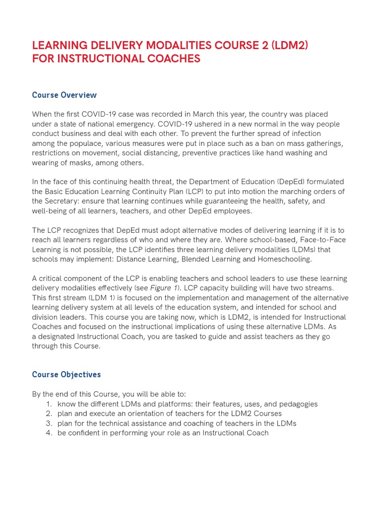 Learning Delivery Modalities Course 2 (Ldm2) For Instructional Coaches ...