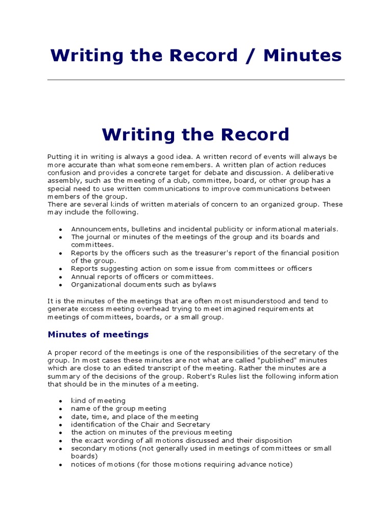 Writing The Record / Minutes | Download Free PDF | Committee | Rules
