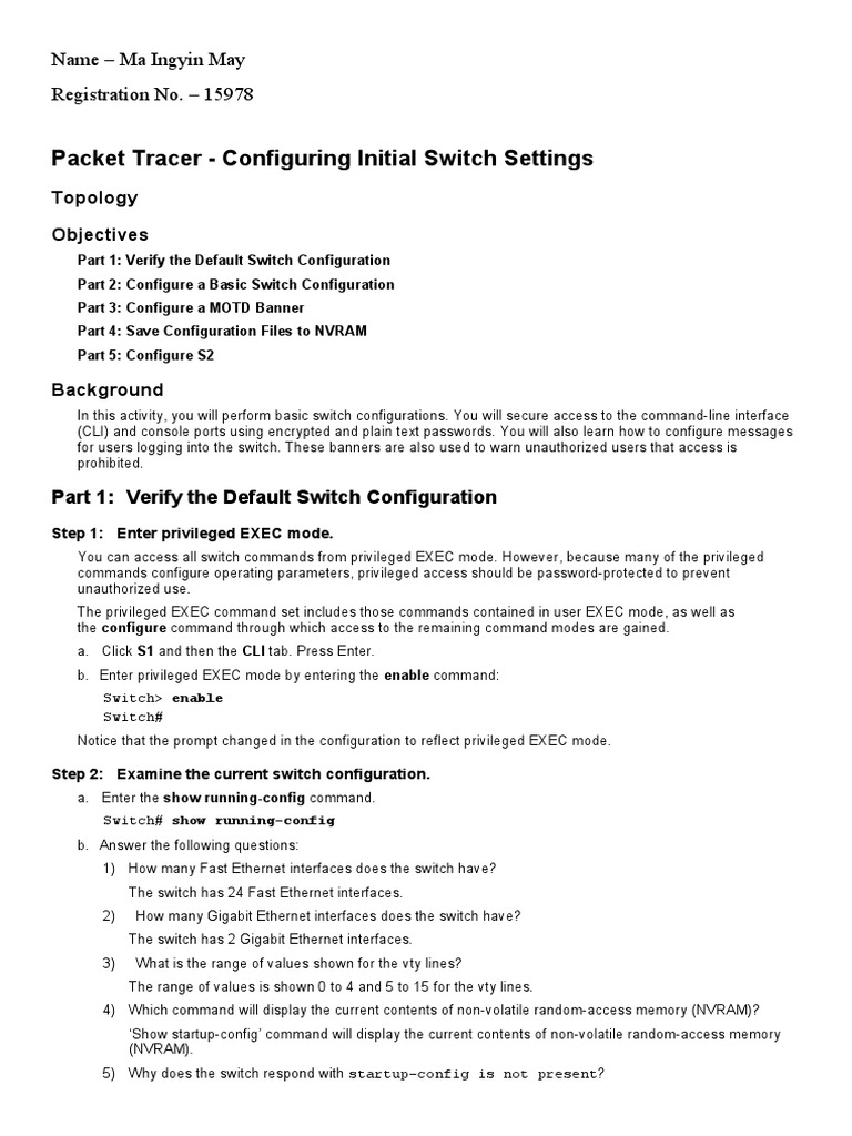 2.2.3.4 Packet Tracer - Configuring Initial Switch Settings | PDF | Command Line Interface ...