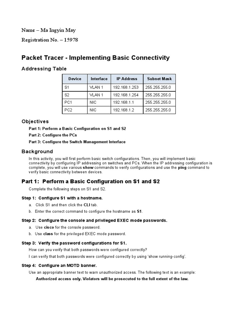 2.3.2.5 Packet Tracer - Implementing Basic Connectivity | PDF | Ip Address | Internet Protocols