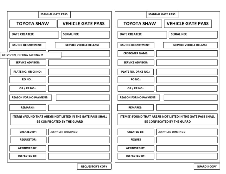 Vehicle Gate Pass Format Sample | PDF