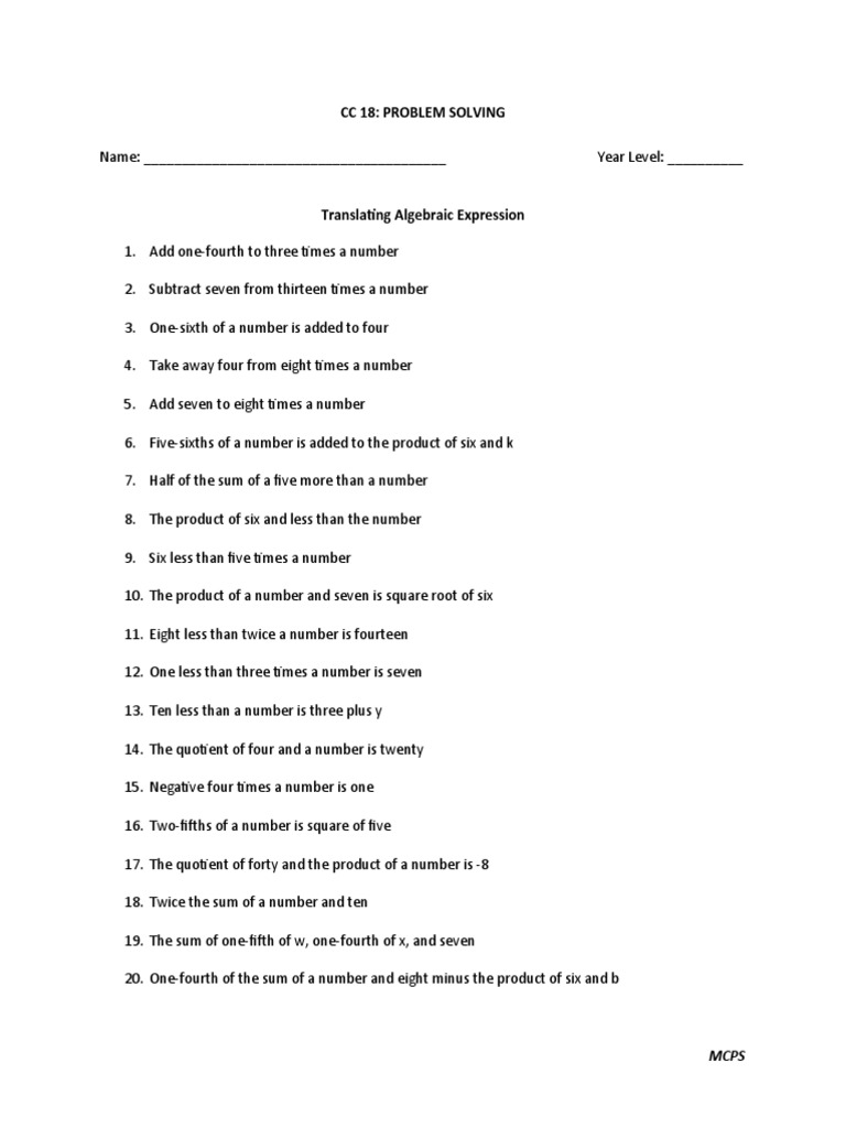 Algebraic Expression Problems | PDF
