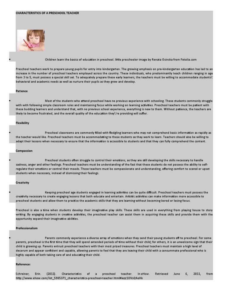 Characteristics of A Preschool Teacher | PDF | Teachers | Preschool