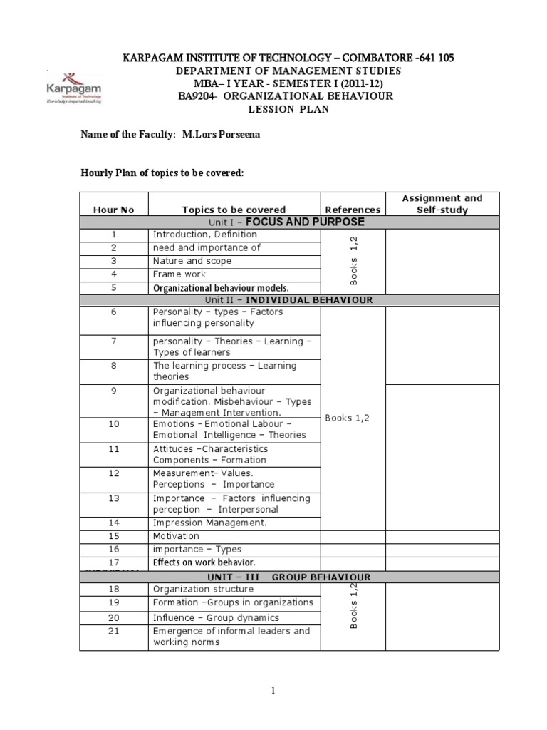 Lession Plan OB | PDF | Organizational Behavior | Leadership
