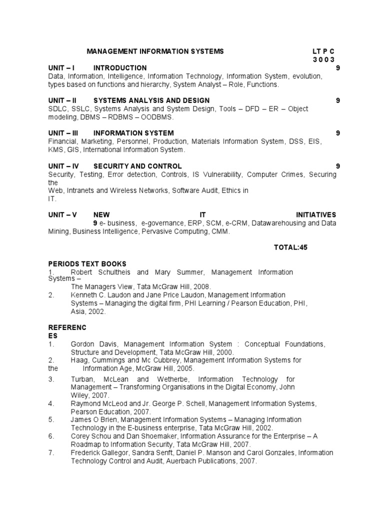 MANAGEMENT INFORMATION SYSTEM Syllabus | PDF | Management Information ...