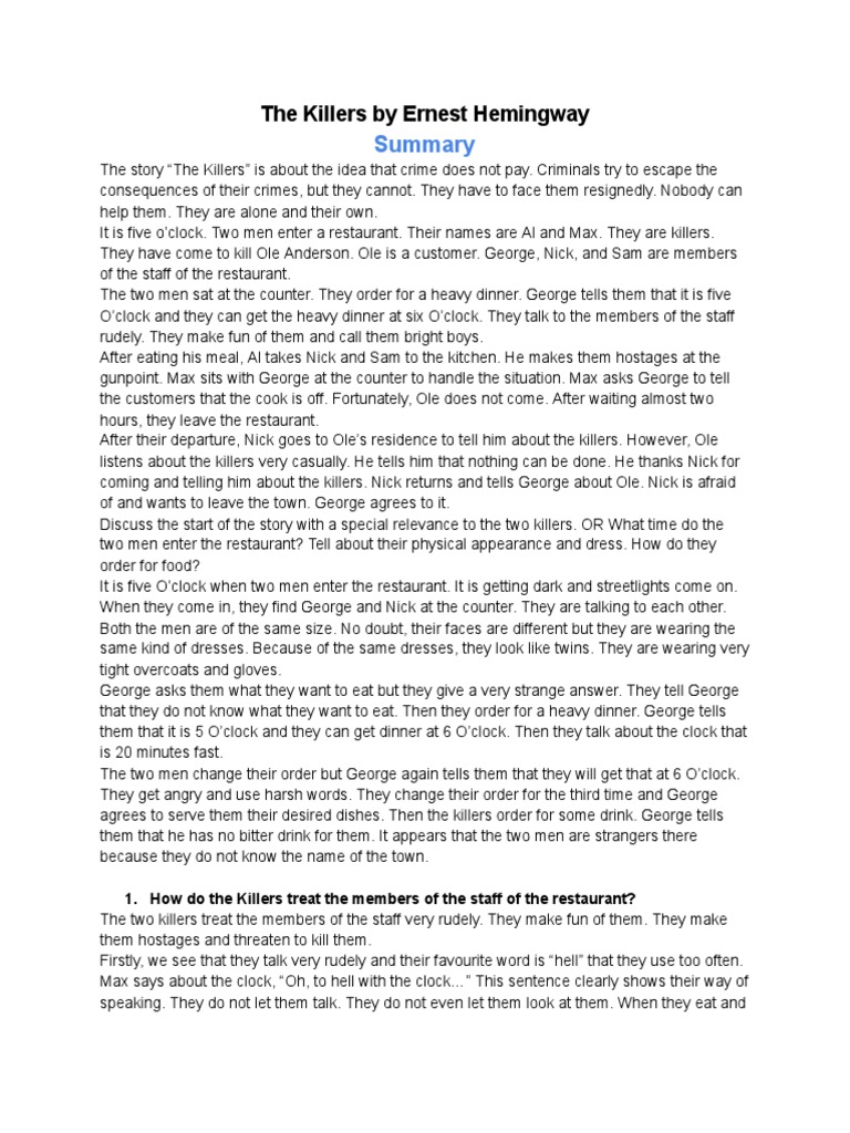 The Killers by Ernest Hemingway | PDF