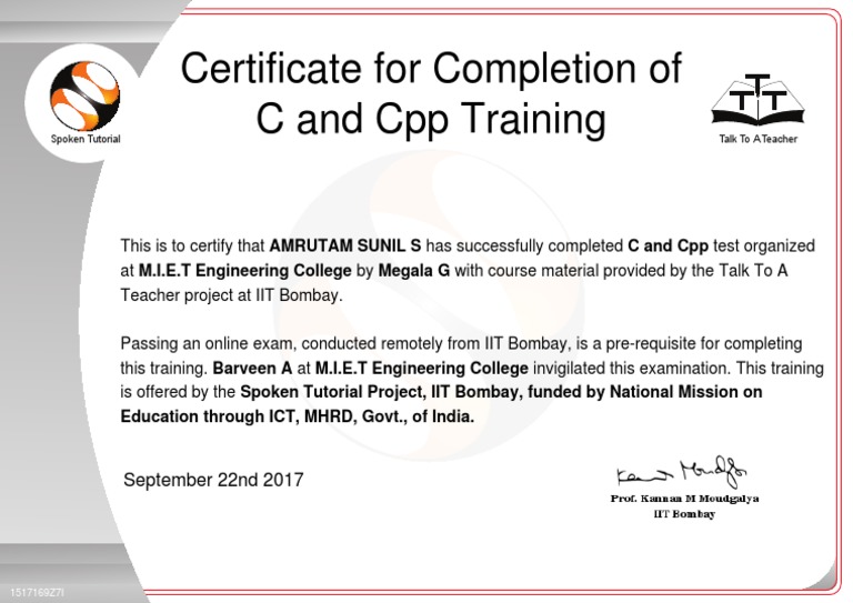 Certificate For Completion of C and CPP Training: September 22nd 2017 | PDF