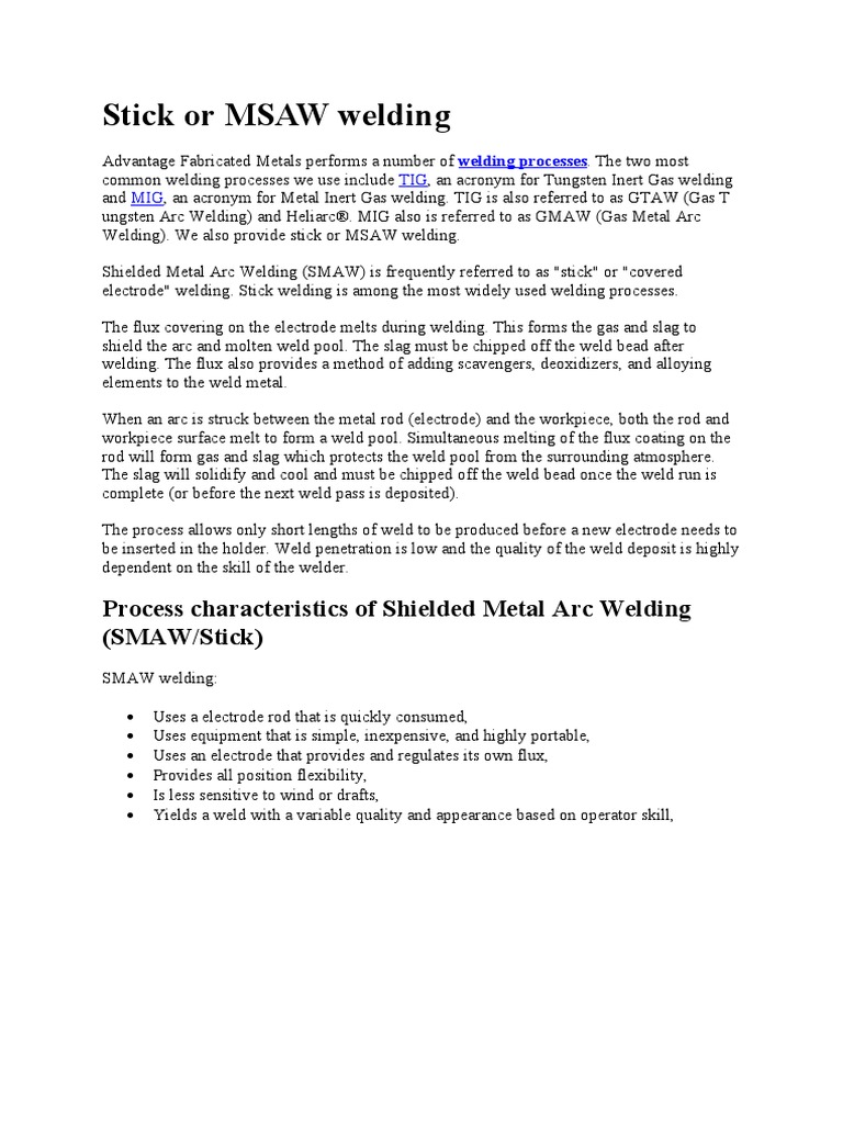 Stick or MSAW Welding: Process Characteristics of Shielded Metal Arc ...