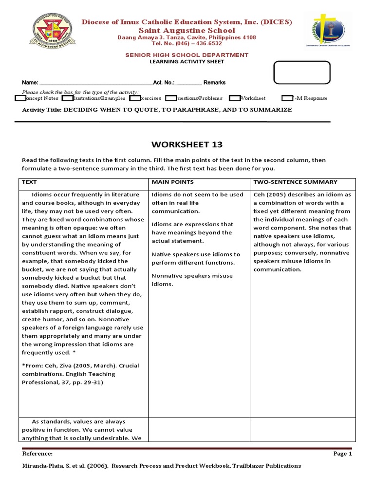 Worksheet 13: Saint Augustine School | PDF | Idiom | Aspirin