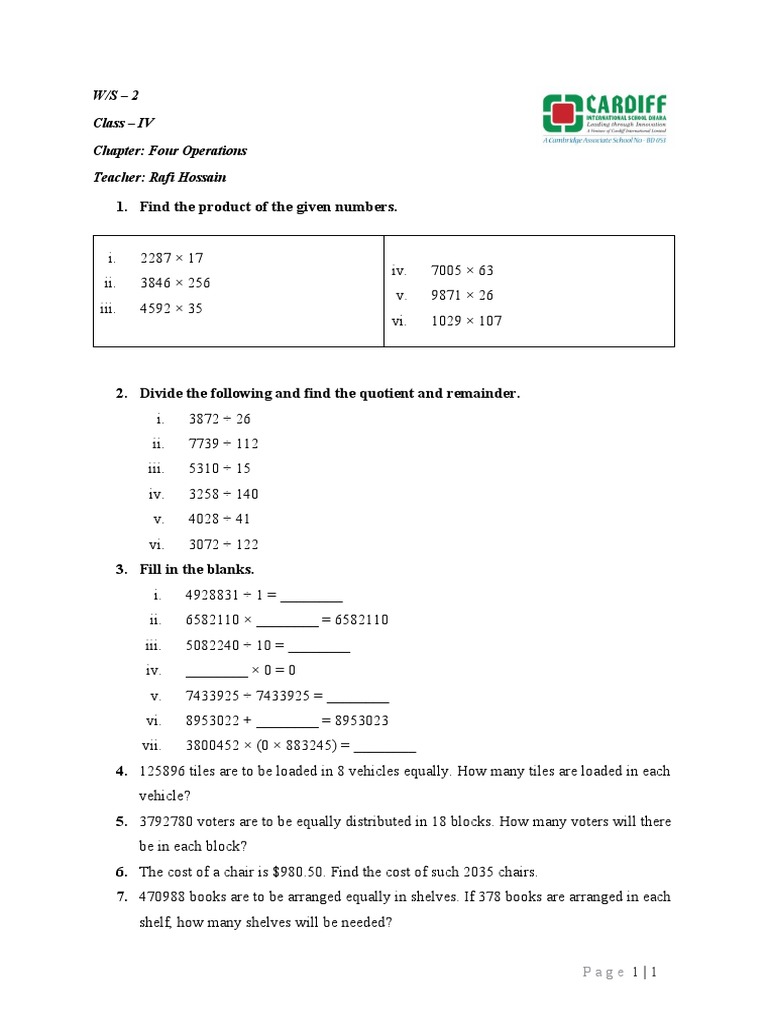 Worksheet-2 - (Class-IV) - Four Operations | PDF