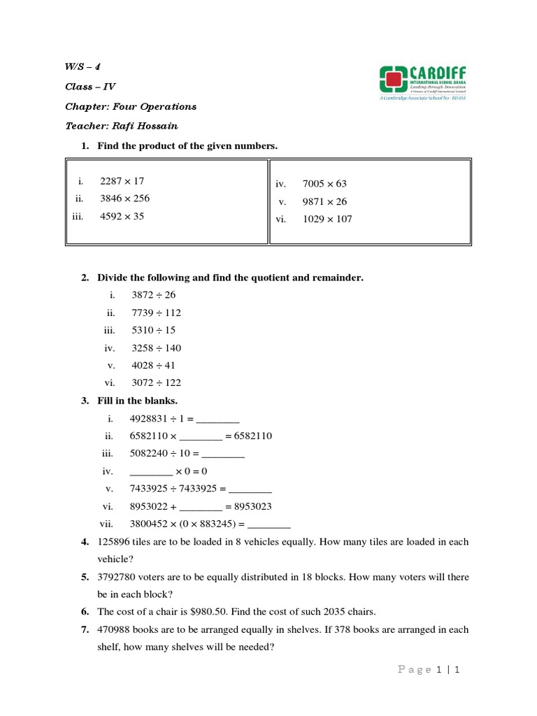 Worksheet-4 - (Class-IV) - Four Operations PDF | PDF | Teaching Methods ...