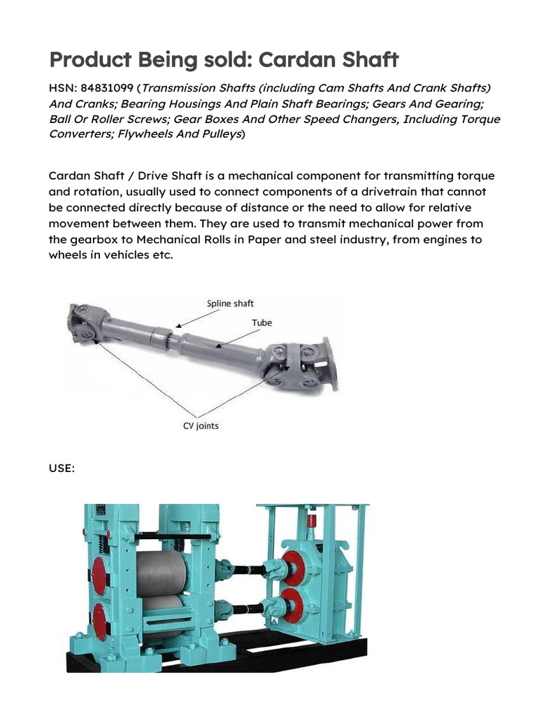Cardan Shaft Specifications & HSN 84831099 | PDF